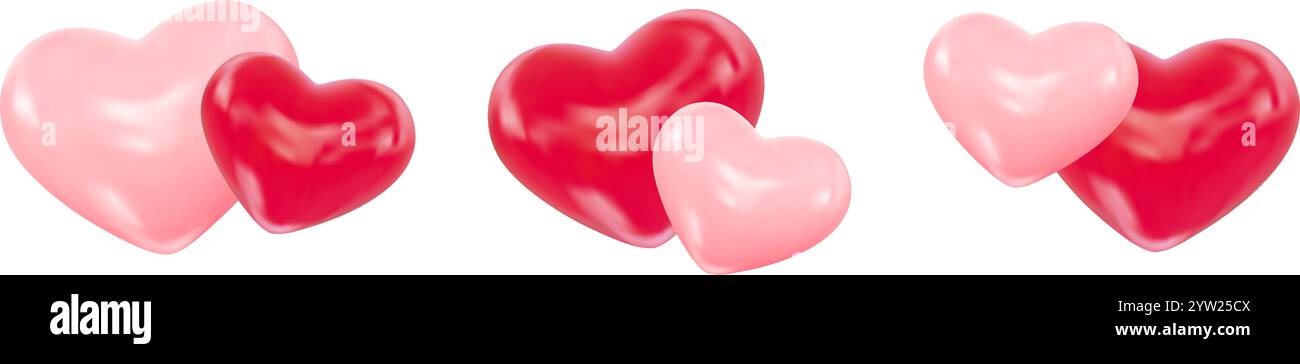 Valentines Day Hearts. Realistic vector illustration of two shiny red ...