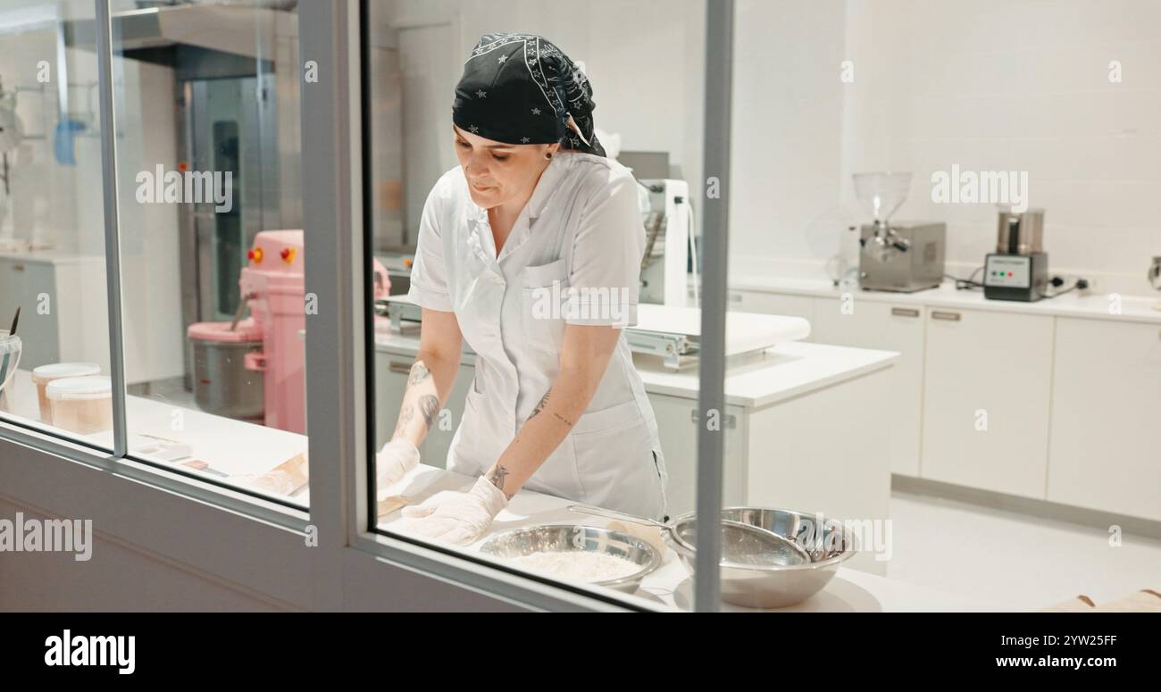 Flour, bakery and dough with woman in kitchen for coffee shop, cooking ...