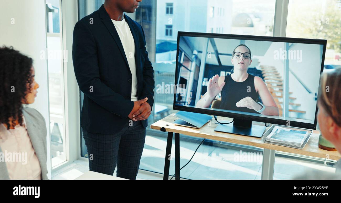 Online meeting, computer screen and consulting with business people in ...