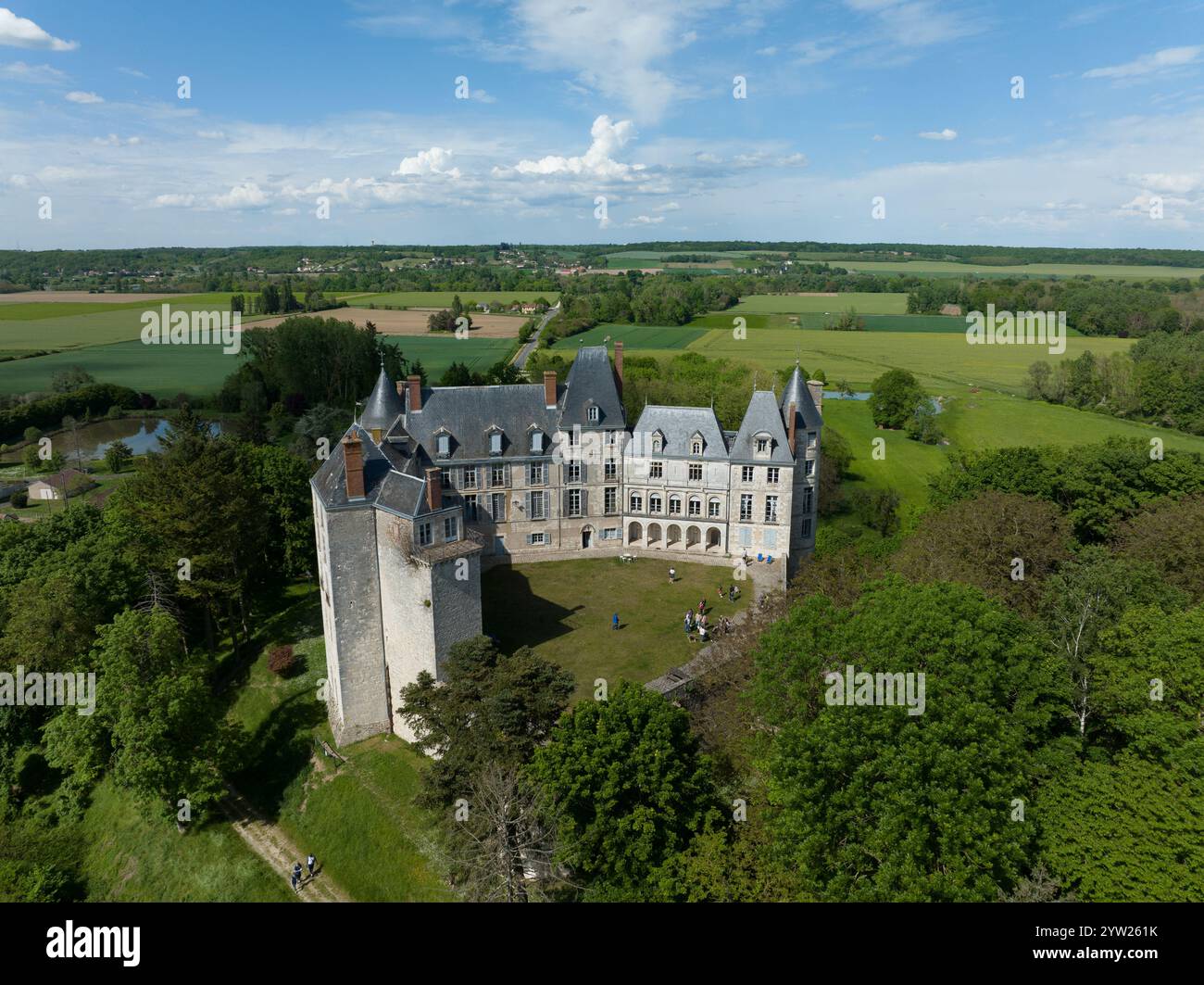 Aerial view of Saint Brisson renaissance palace castle on a hilltop in ...