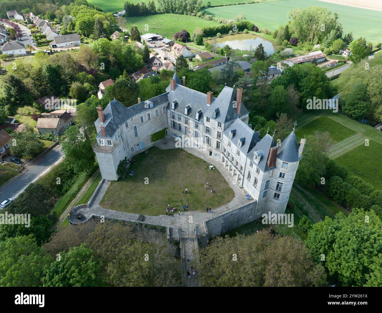 Aerial view of Saint Brisson renaissance palace castle on a hilltop in ...