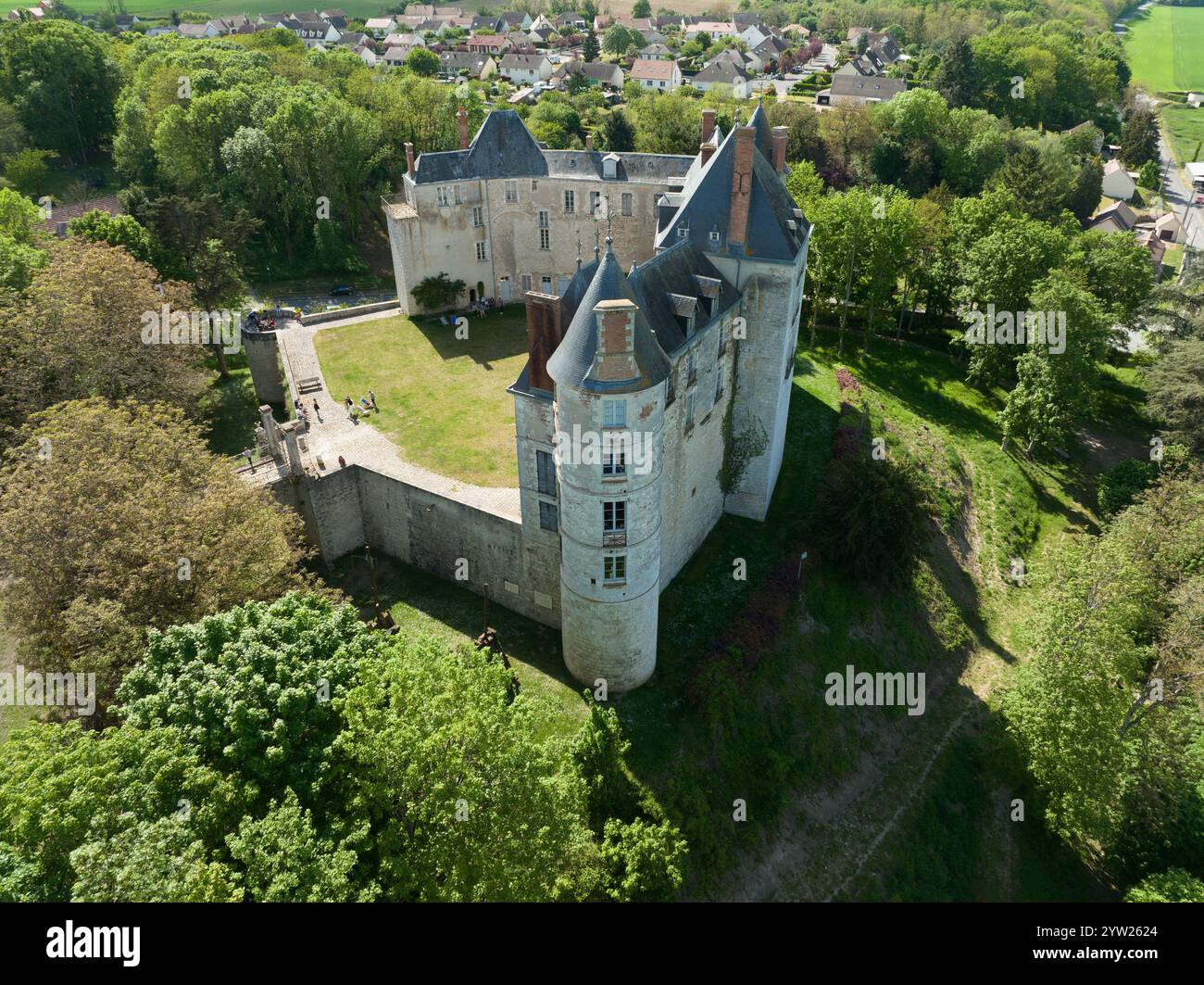 Aerial view of Saint Brisson renaissance palace castle on a hilltop in ...