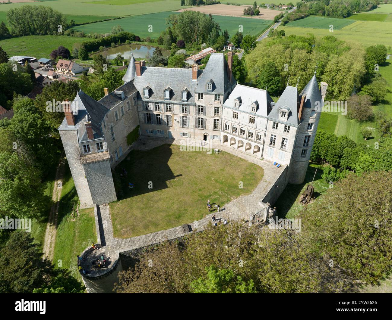 Aerial view of Saint Brisson renaissance palace castle on a hilltop in ...