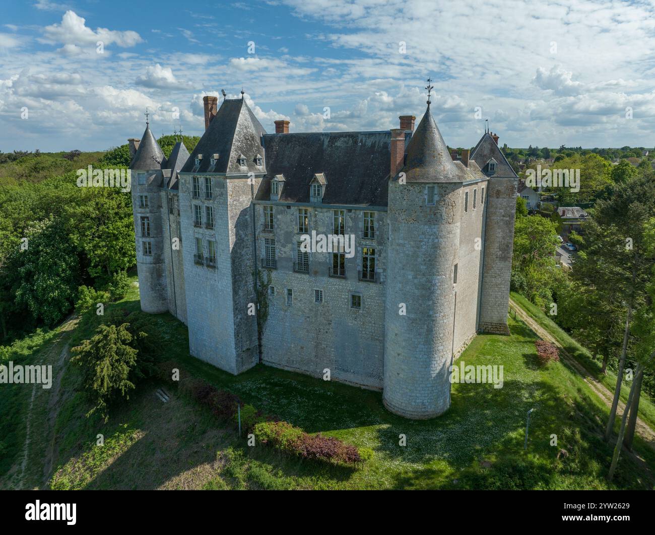 Aerial view of Saint Brisson renaissance palace castle on a hilltop in ...