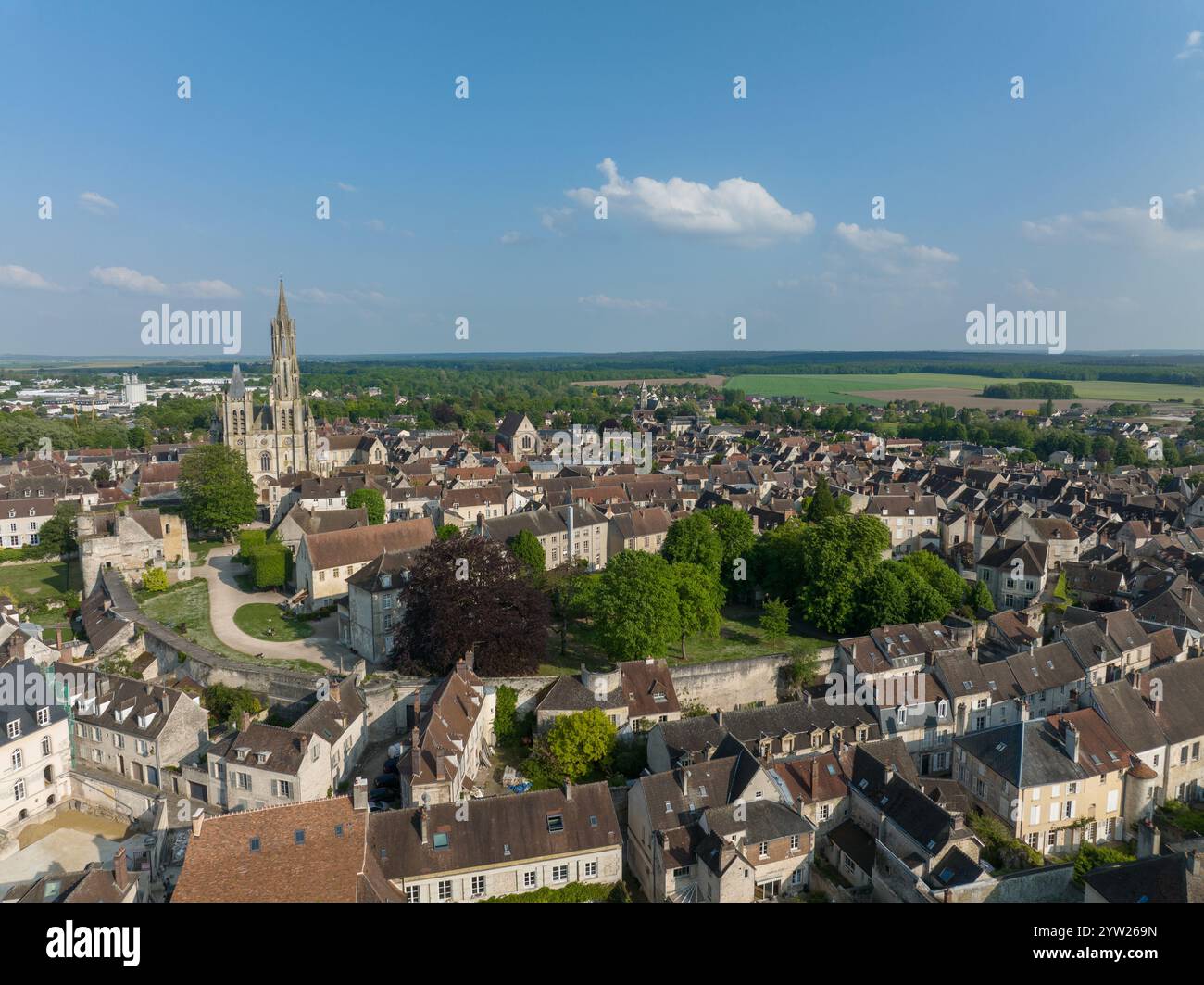 Aerial view of Senlis, medieval walled town with Gothic cathedral and ...