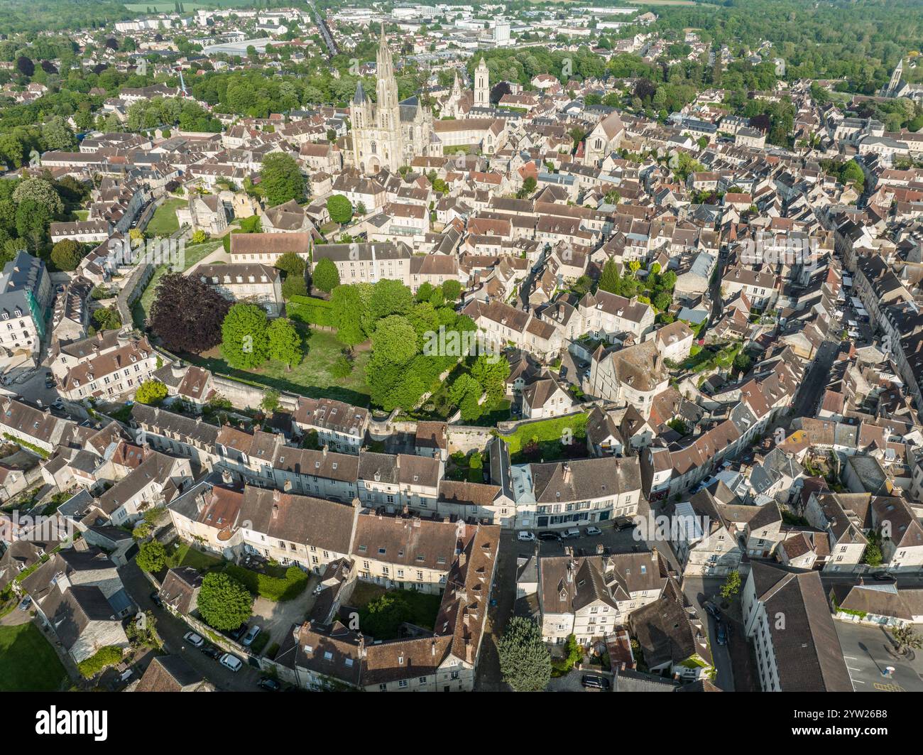 Aerial view of Senlis, medieval walled town with Gothic cathedral and ...