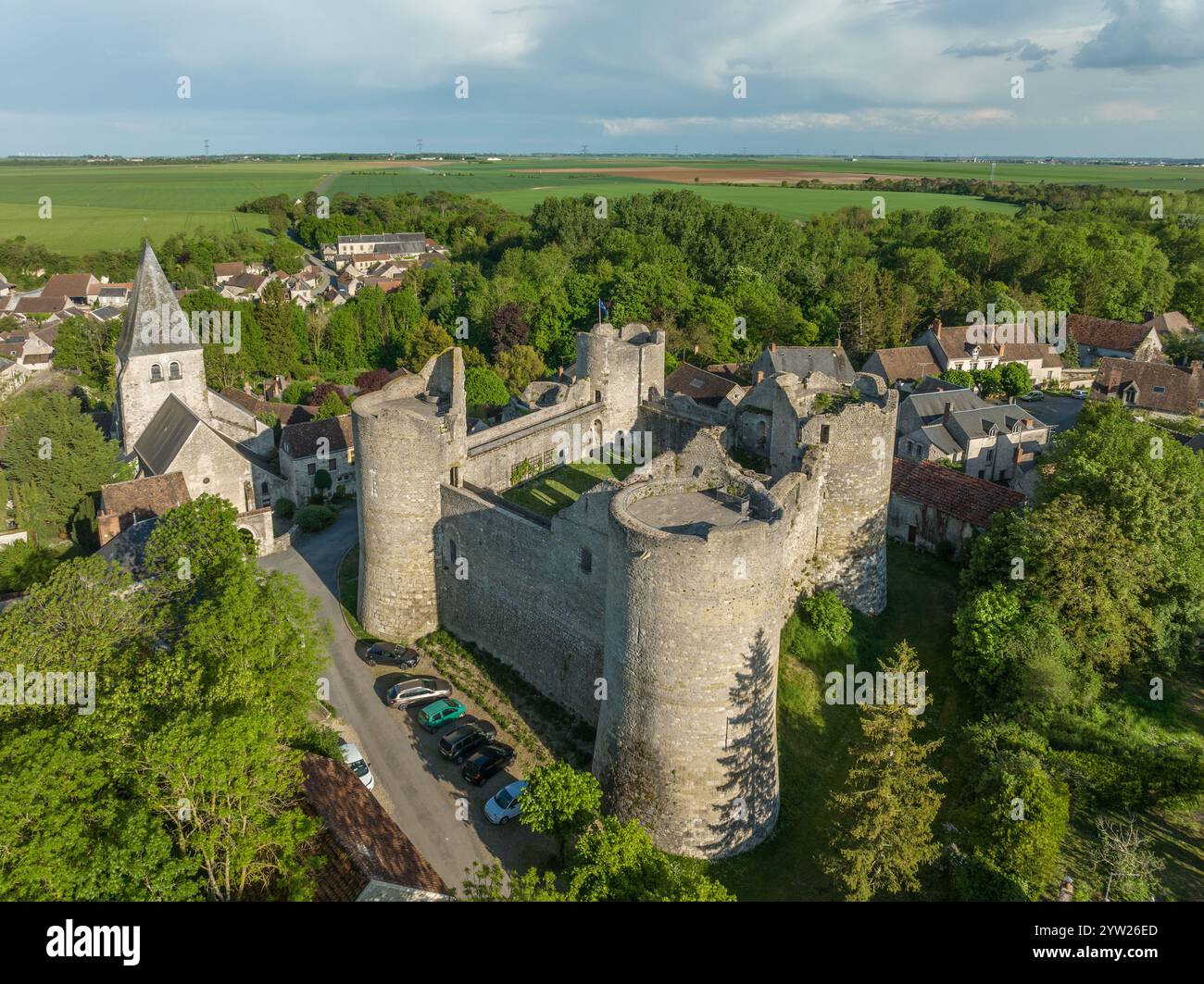 Aerial view of Yevre le chatel, medieval castle in France with bailey ...