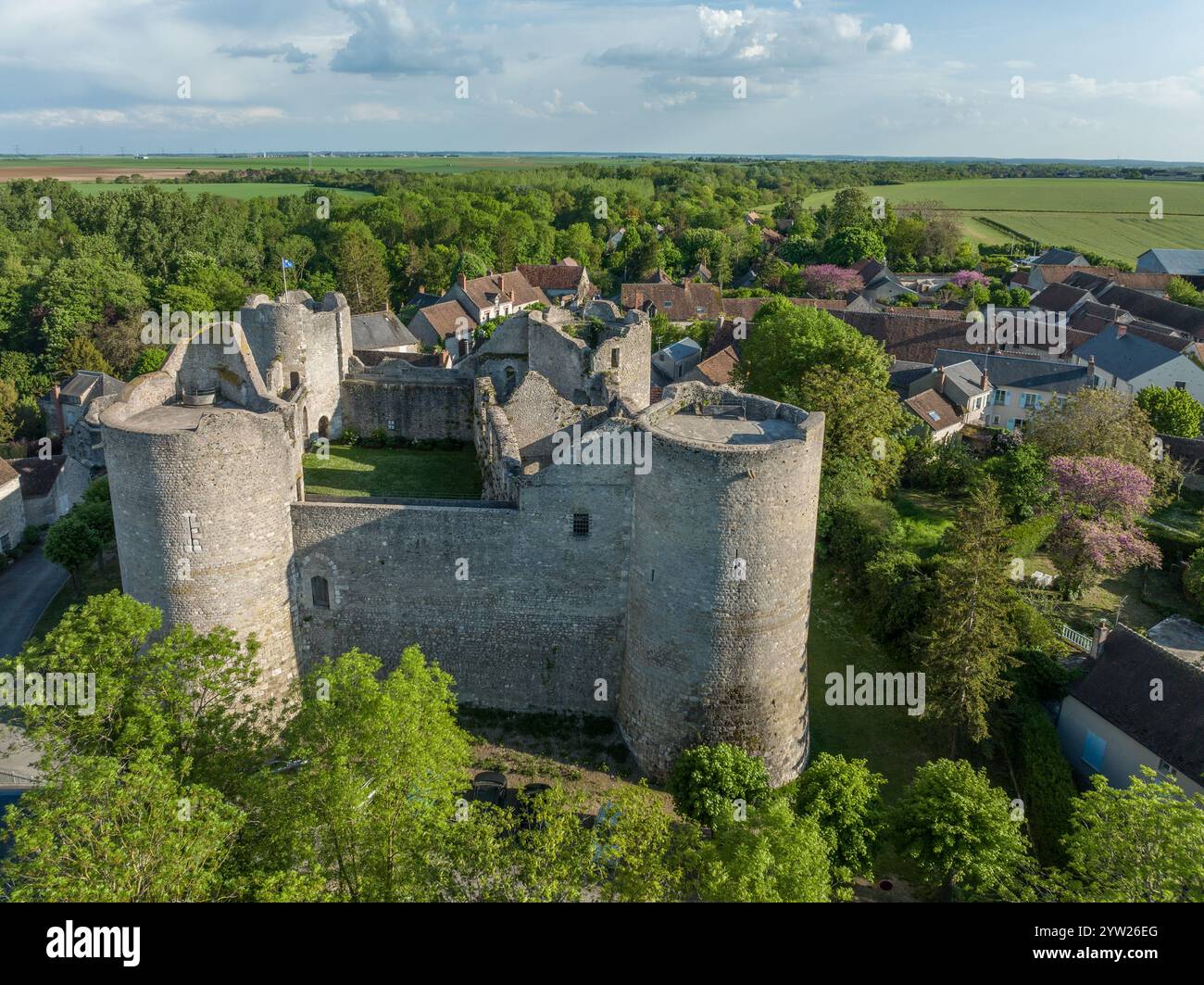 Aerial view of Yevre le chatel, medieval castle in France with bailey ...