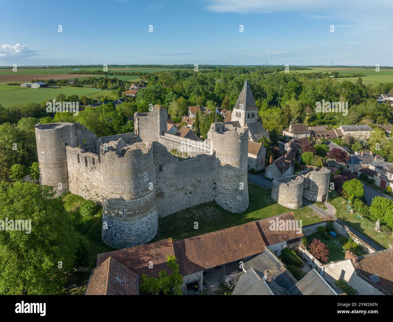 Aerial view of Yevre le chatel, medieval castle in France with bailey ...