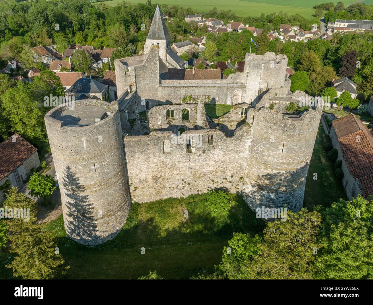 Aerial view of Yevre le chatel, medieval castle in France with bailey ...