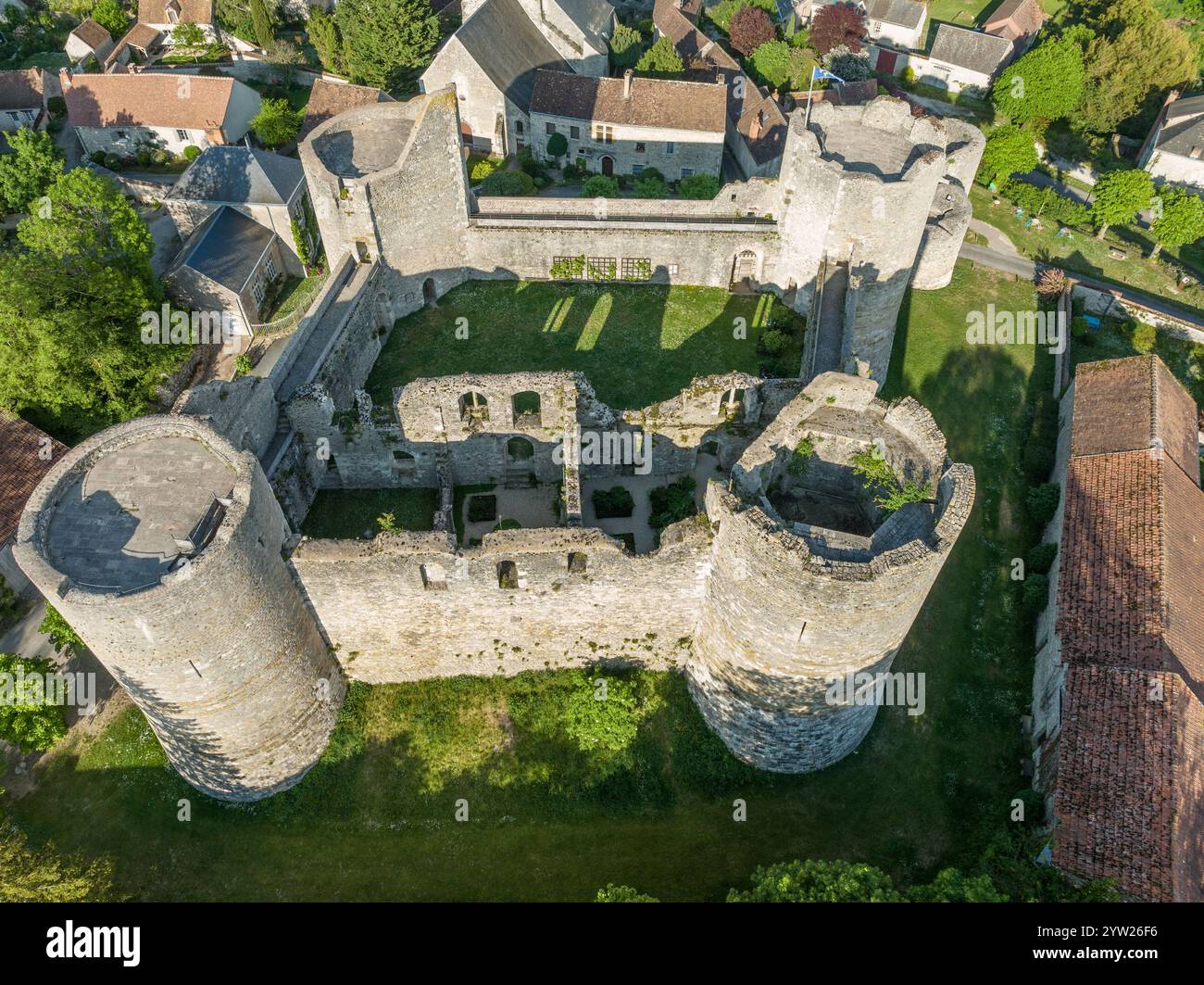Aerial view of Yevre le chatel, medieval castle in France with bailey ...
