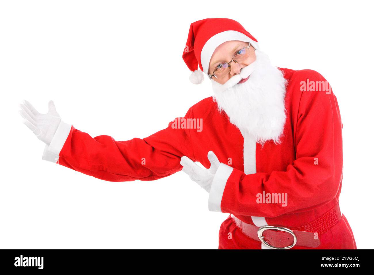 santa claus shows welcoming gesture. isolated on the white background ...