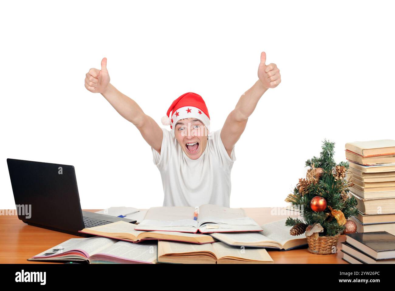 happy student in santa's hat with hands up. isolated on the white ...