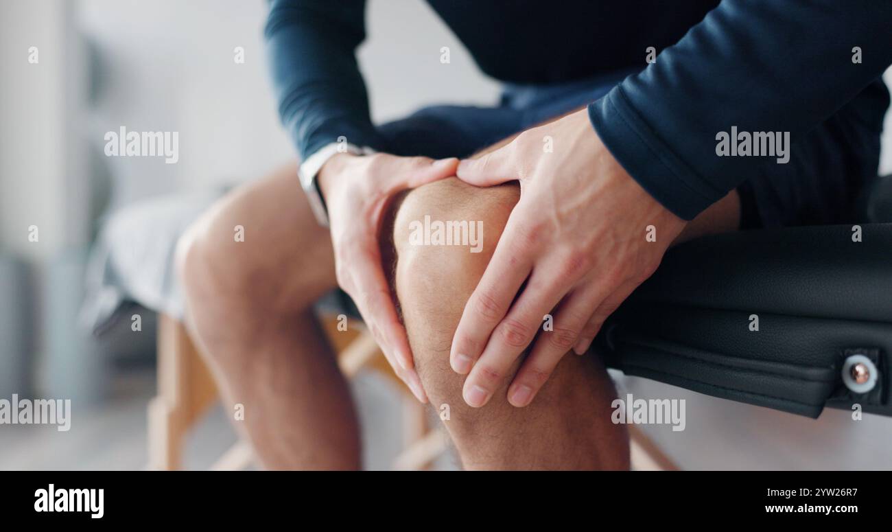 Hands, knee pain and injury on bed at physiotherapy at clinic with ...