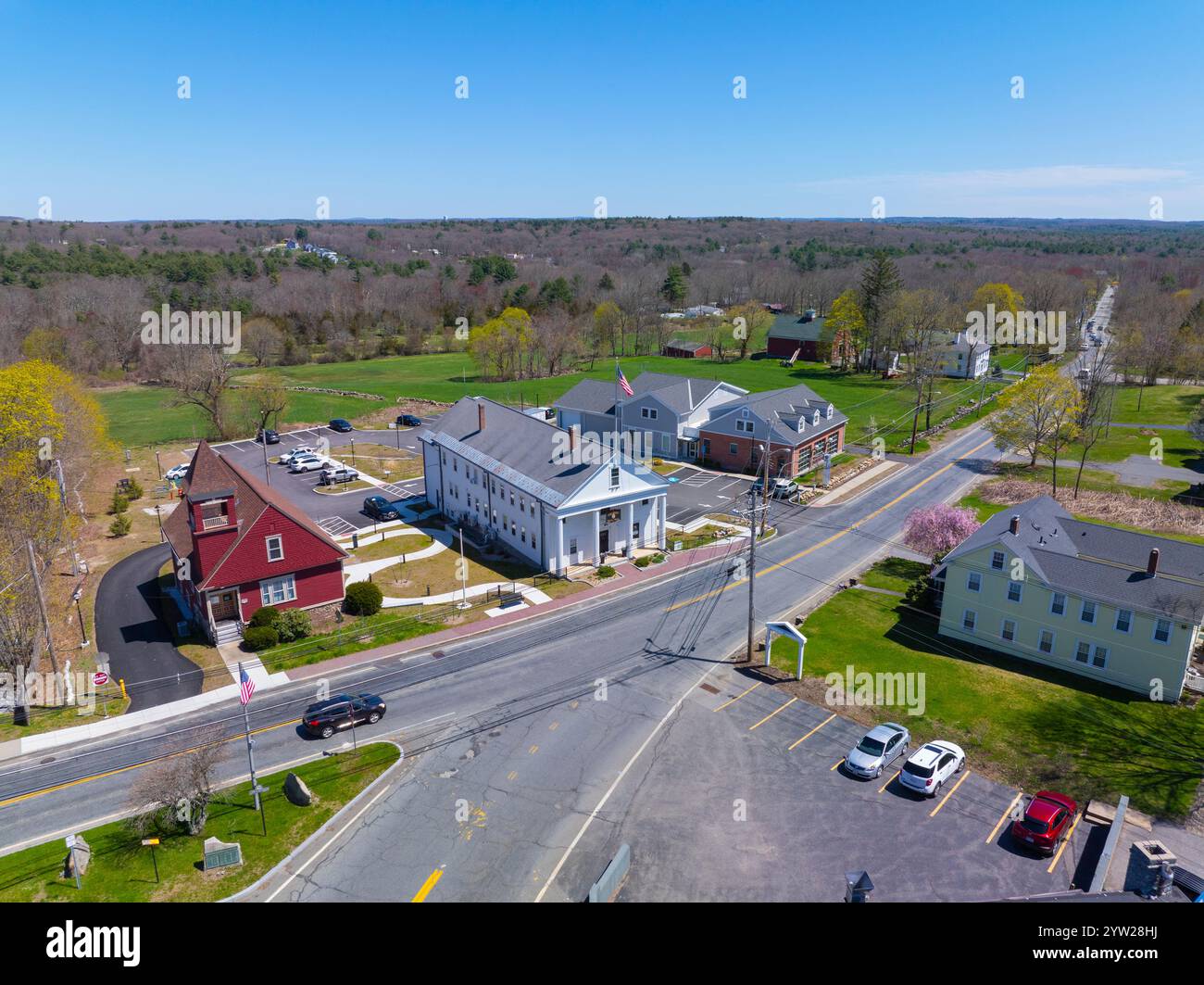 Mendon Town Hall aerial view at 20 Main Street in historic town center ...
