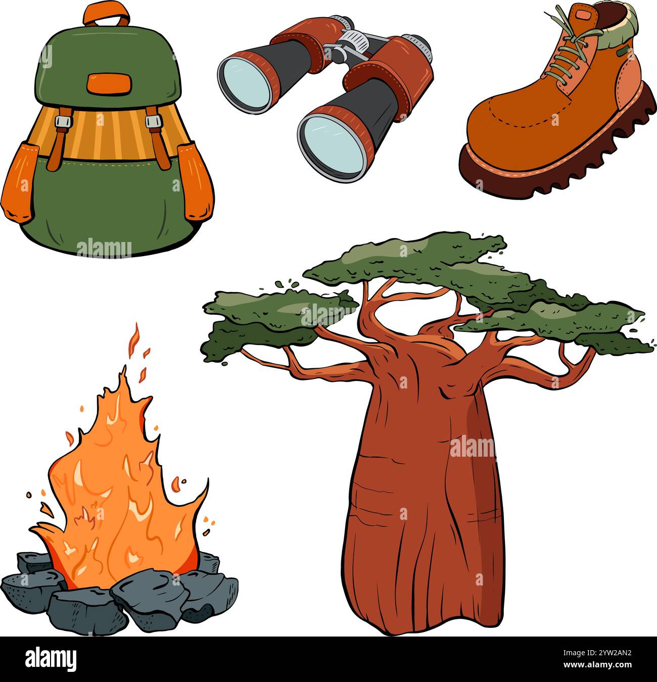 Essentials for Outdoor Adventure, Exploring Nature, and Enjoying the Great Outdoors Gear. Vector ...