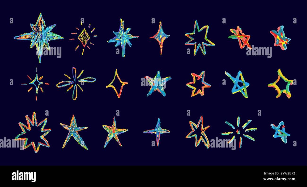Set of colorful chalk drawing stars. Shine or sparkle doodle collection ...