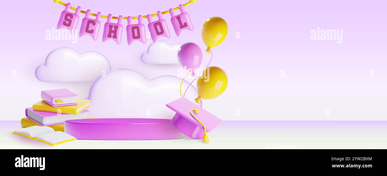 Pink podium with educational elements - books stack, graduation cap ...