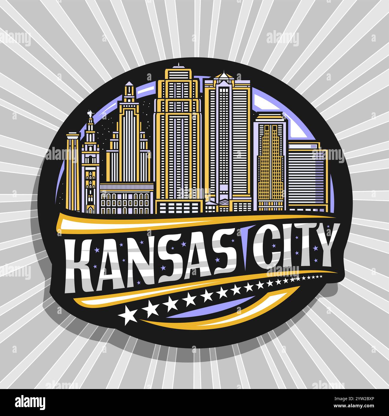 Vector logo for Kansas City, dark tag with line illustration of urban ...
