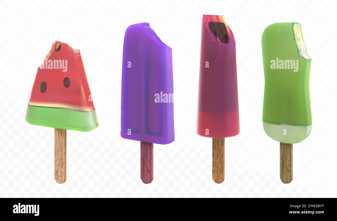 3d bite popsicle vector. Summer fruit ice cream. Realistic watermelon ...