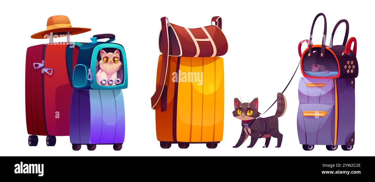 Cat travel in carrier. Pet journey in bag isolated vector. Animal ...