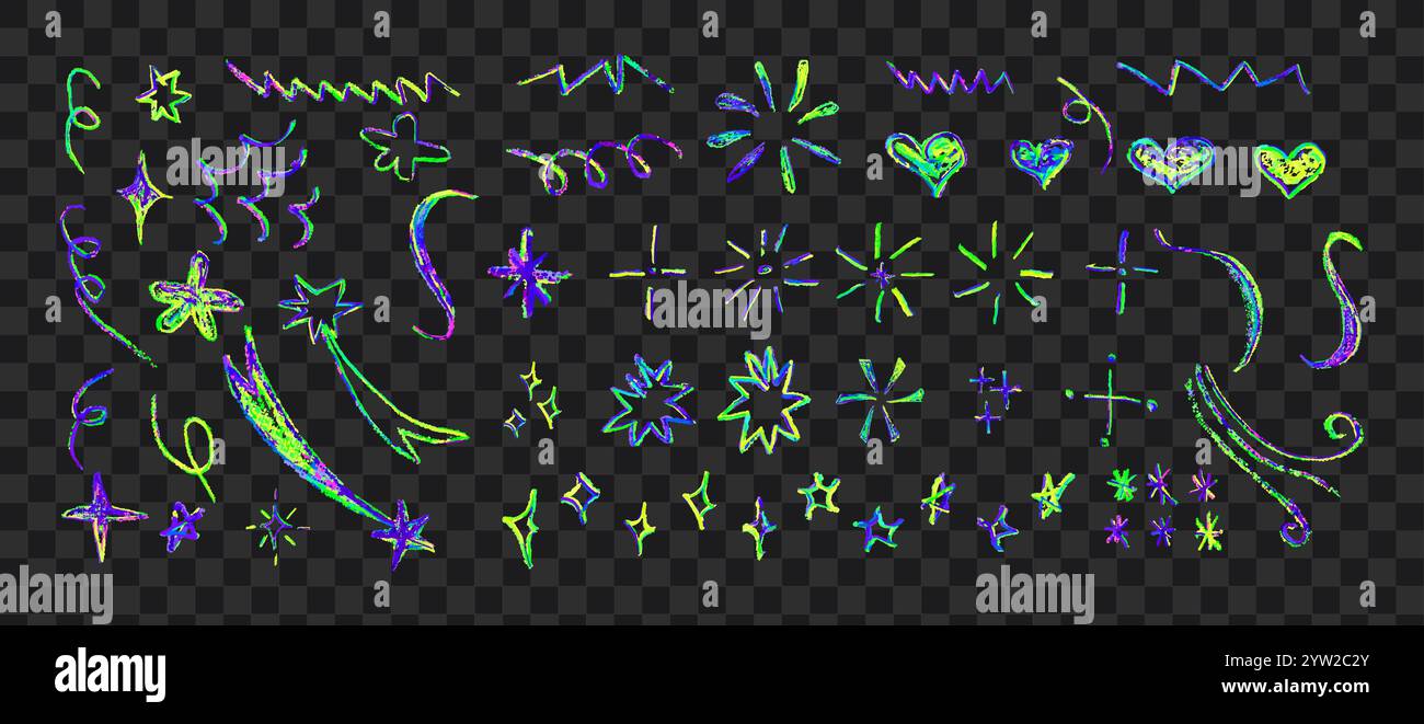 Set of colorful neon chalk drawing elements. Shine or sparkle, hearts ...