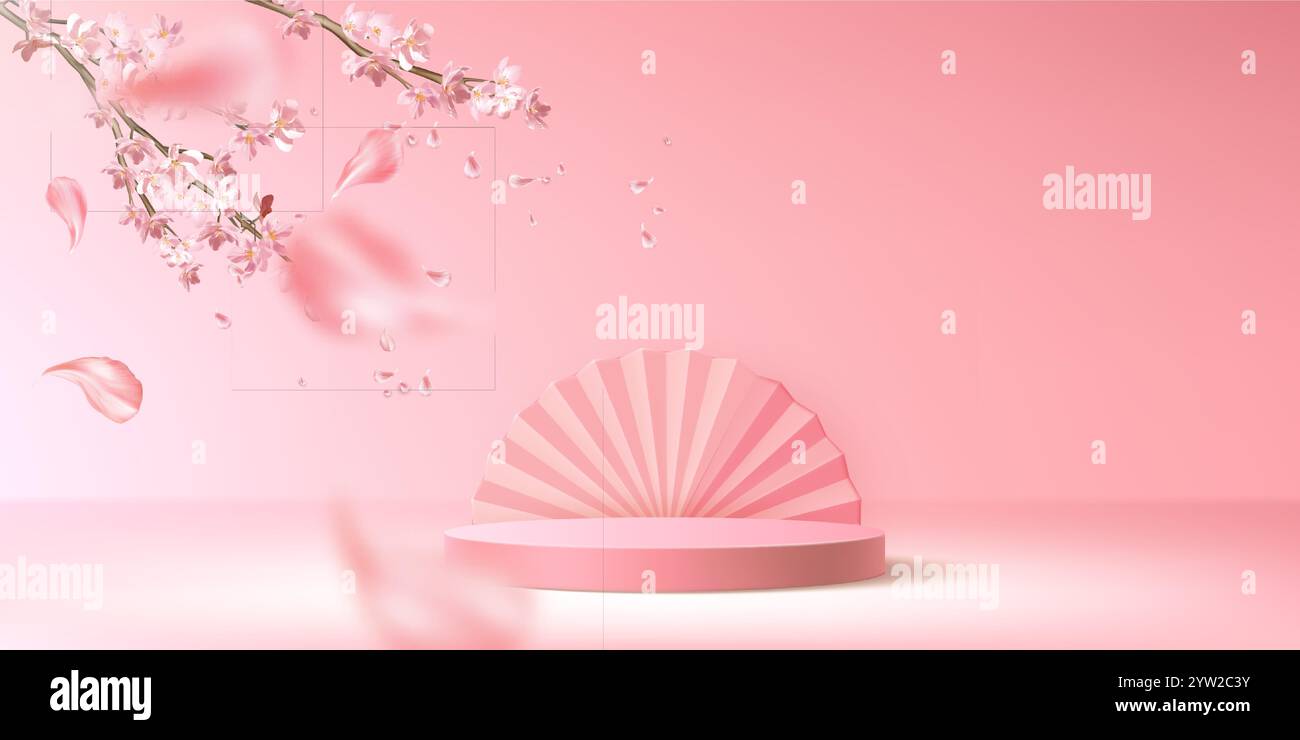 3d spring sakura flower podium. Pink product platform with cherry ...