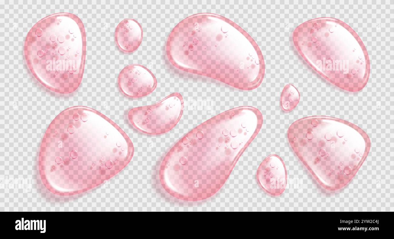 Clear pink water like drops with reflective surfaces and bubbles ...