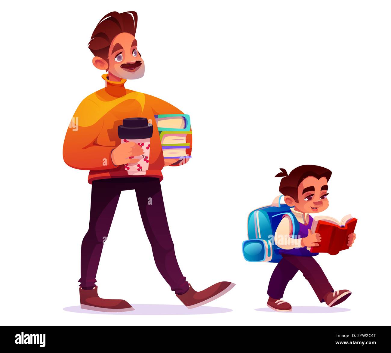 Schoolboy and male teacher walking to school isolated on white ...