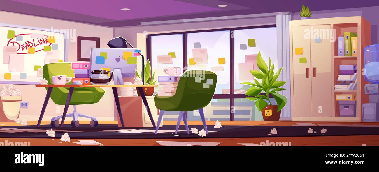 Office mess before project deadline. Vector cartoon illustration of ...