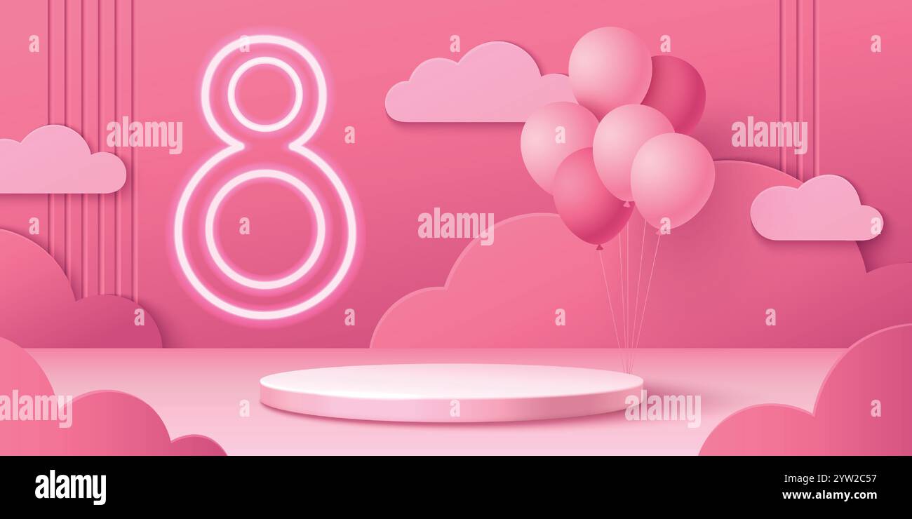 Pink 8 March scene with neon number eight, floating paper cut clouds ...