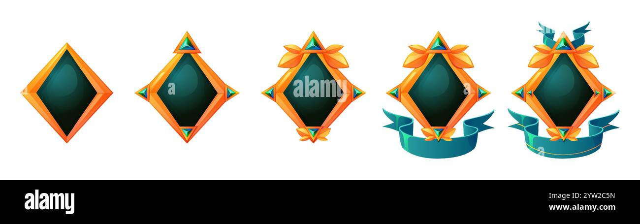 Game rank badges with dark green centers and golden frame with ...