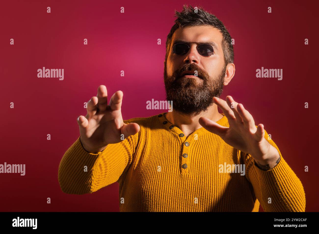 Blind man. Visually impaired. Despite disability. Bearded blind man ...