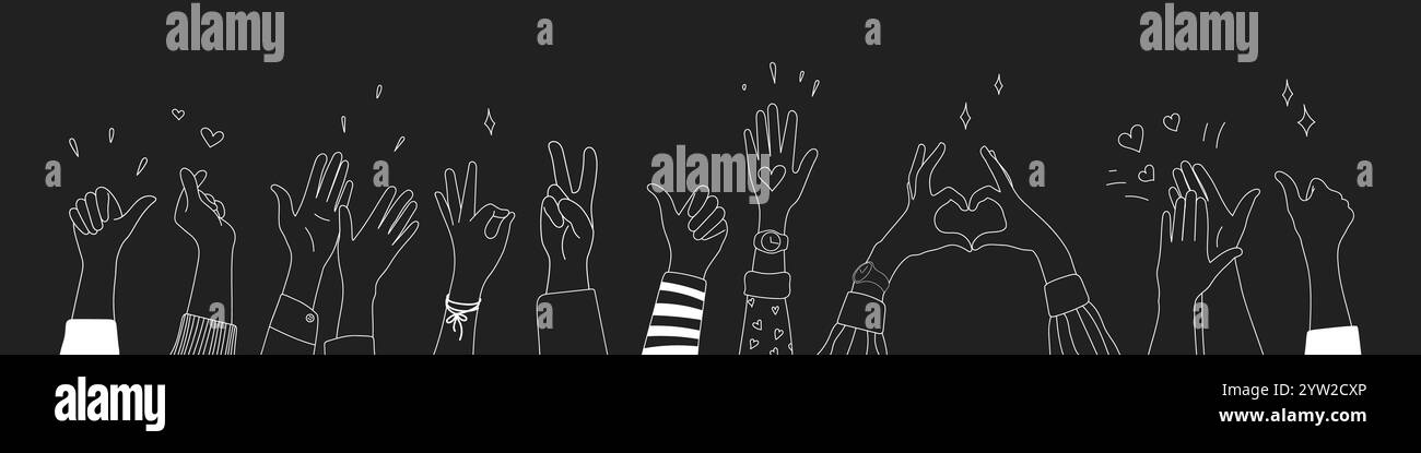 Doodle sketch hands up gestures comic icons silhouettes vector set ...