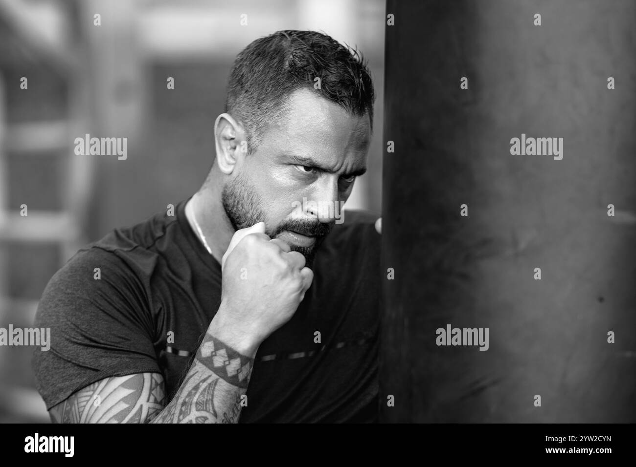 Fight. Muscular fighter. Fists fight. Mans fight, punches. Kicks up. In ...