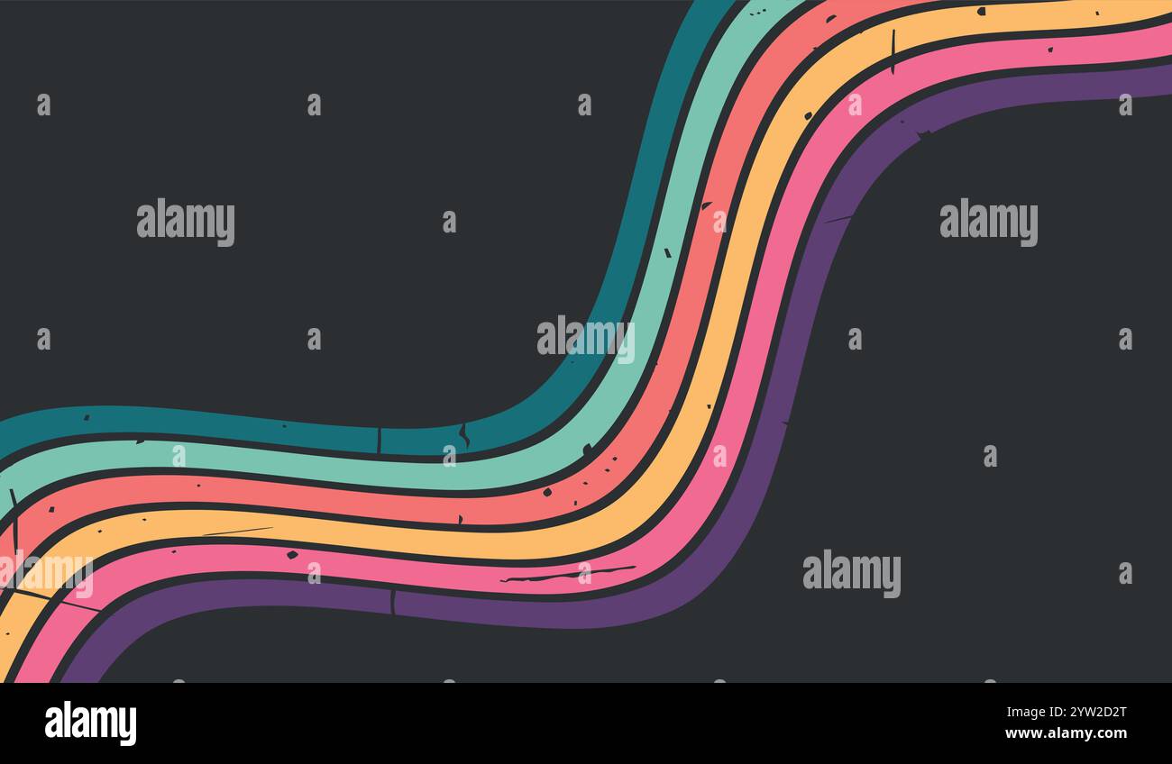 Retro grunge groovy rainbow background. Wavy line hippie style on dark ...