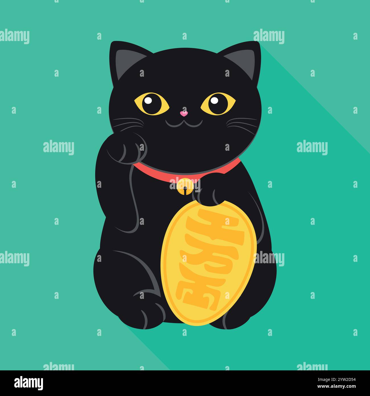 Black Maneki neko cat icon with a raised right paw. Japanese lucky cat flat cartoon illustration ...