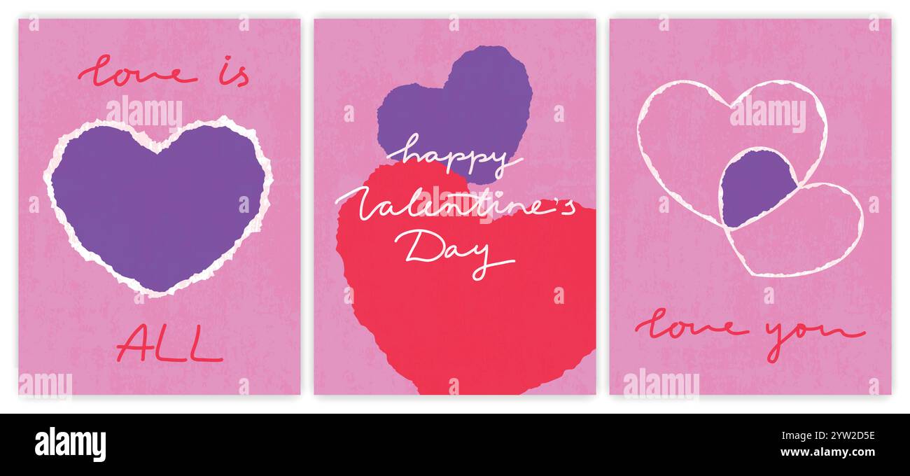Creative textured Valentine Day cards set with cut and torn paper ...