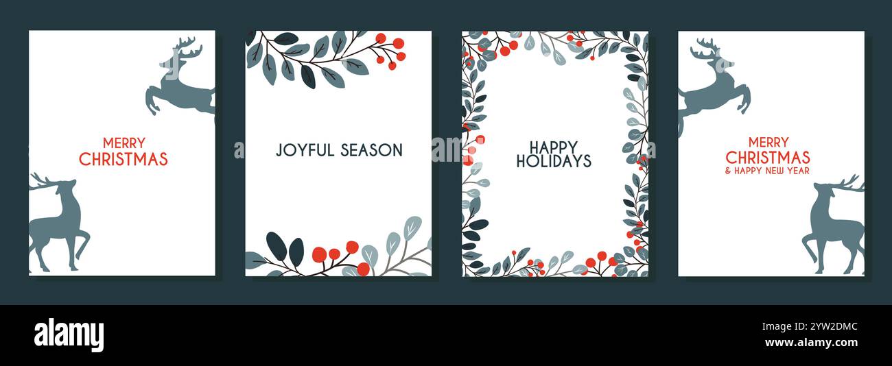 Holiday cards with deer, rowan branches and berries frames and greeting ...