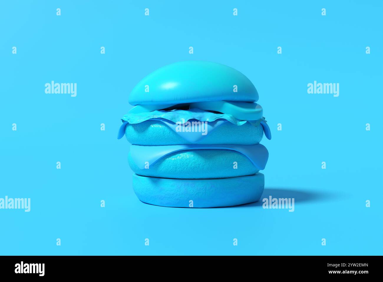 Blue burger or cheeseburger standing on a blue background representing ...
