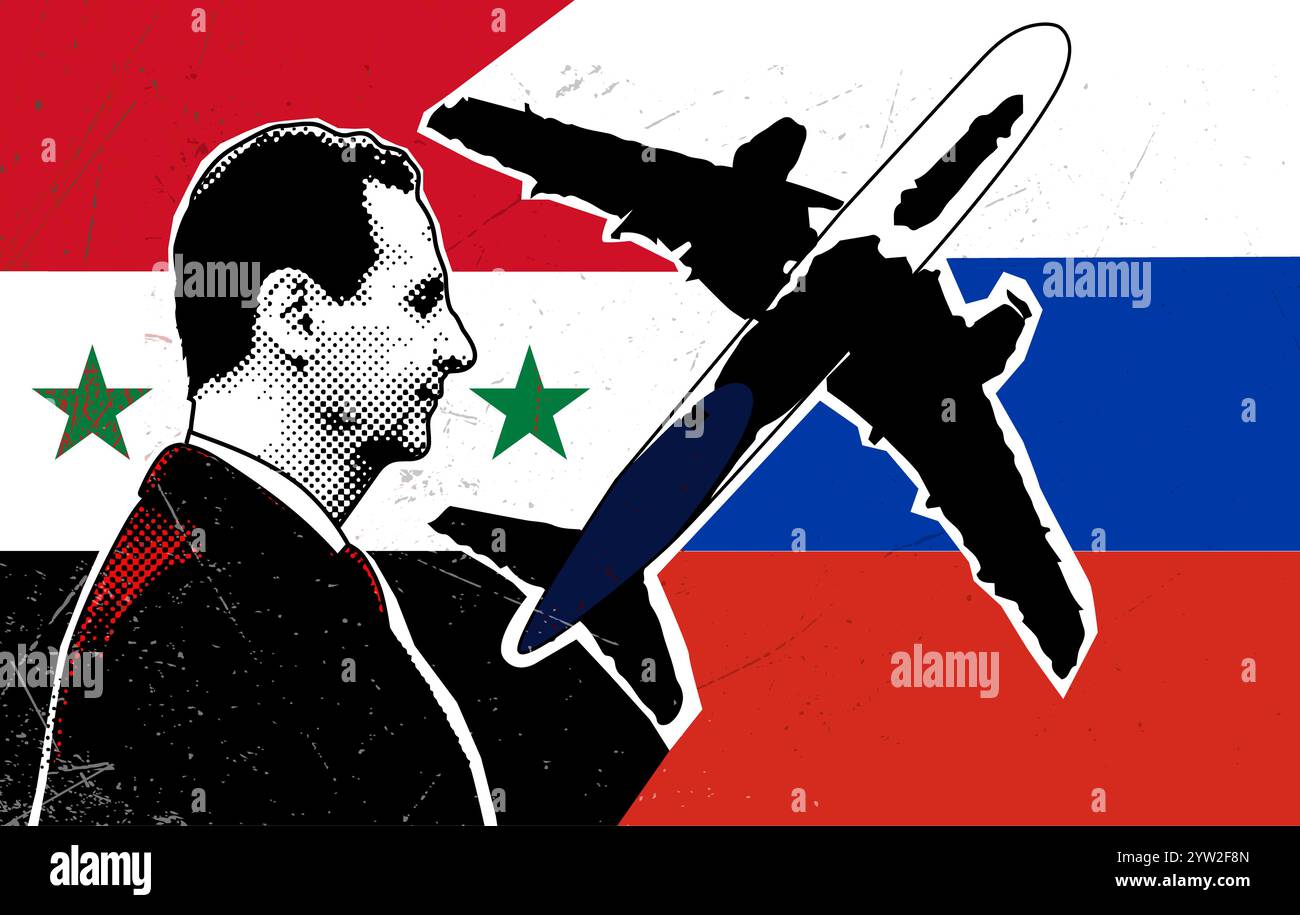 Bashar al-Assad against the backdrop of the Syrian flag and an airplane ...