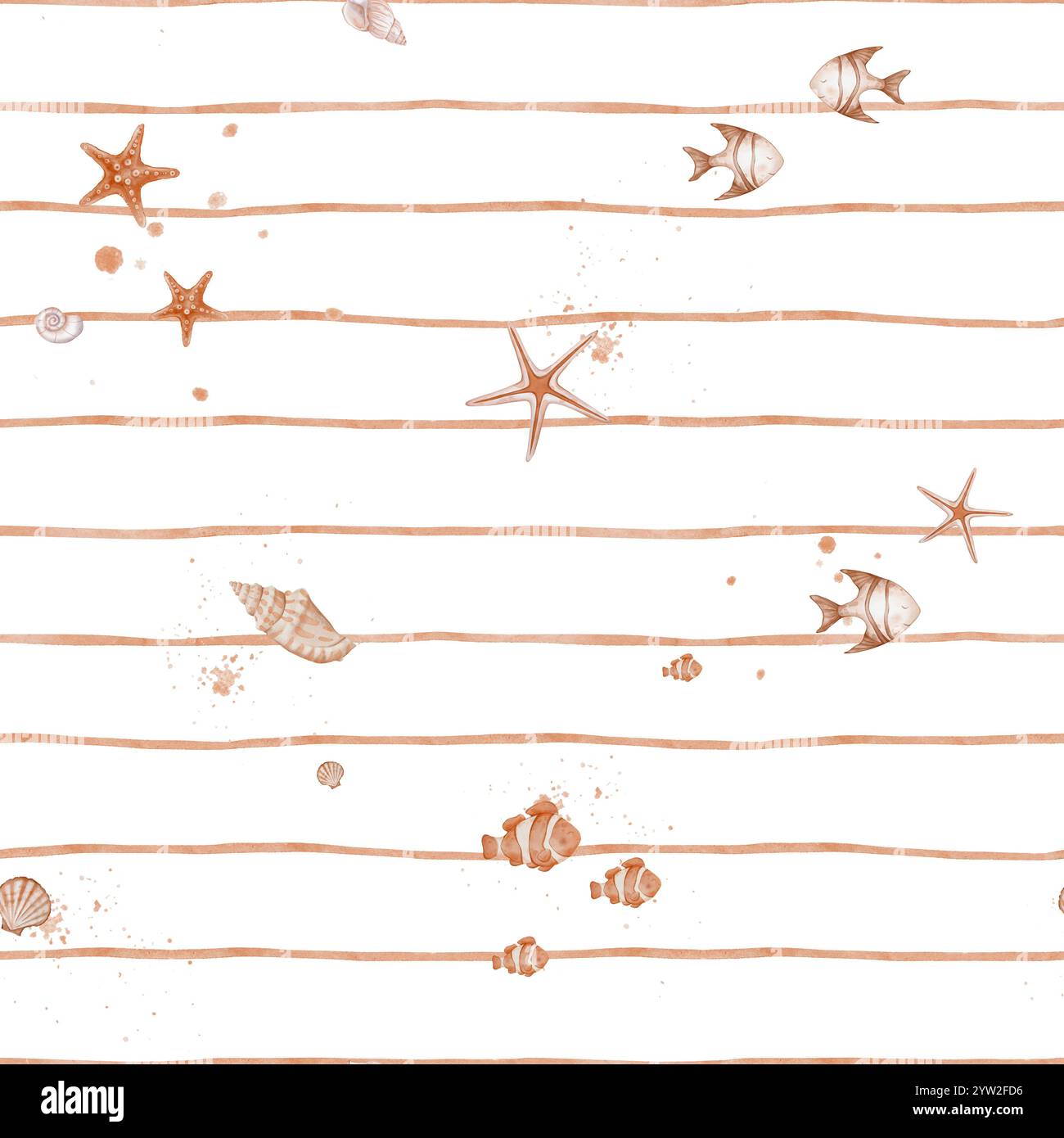 Watercolor seamless Pattern with Undersea animals and sea shell on ...
