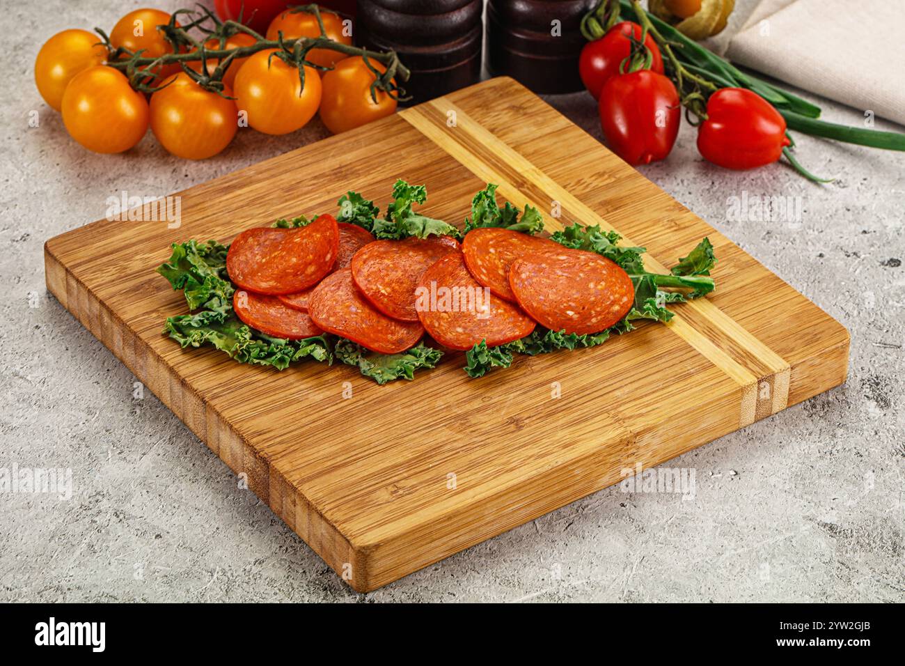 Spanish salami cured chorizo sausage slices Stock Photo - Alamy