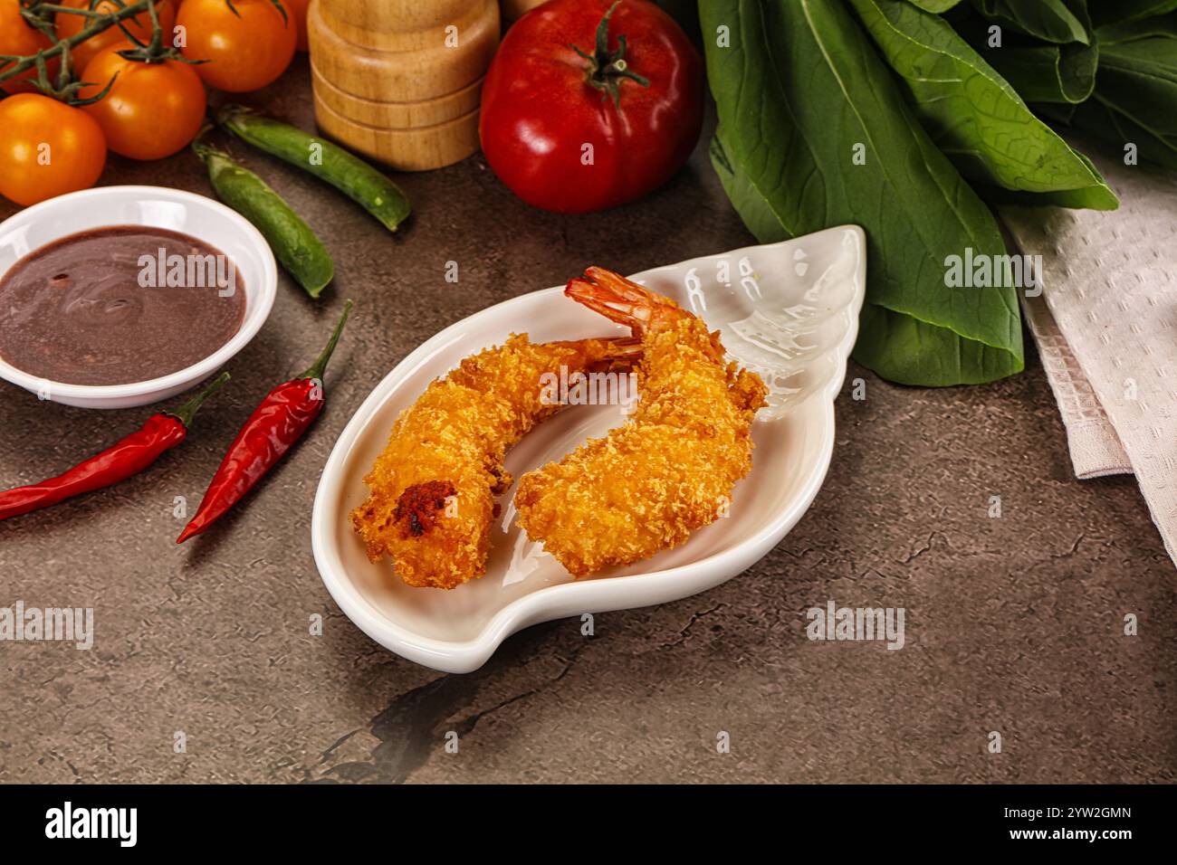 Crispy breaded golden fried prawns with sauce Stock Photo - Alamy