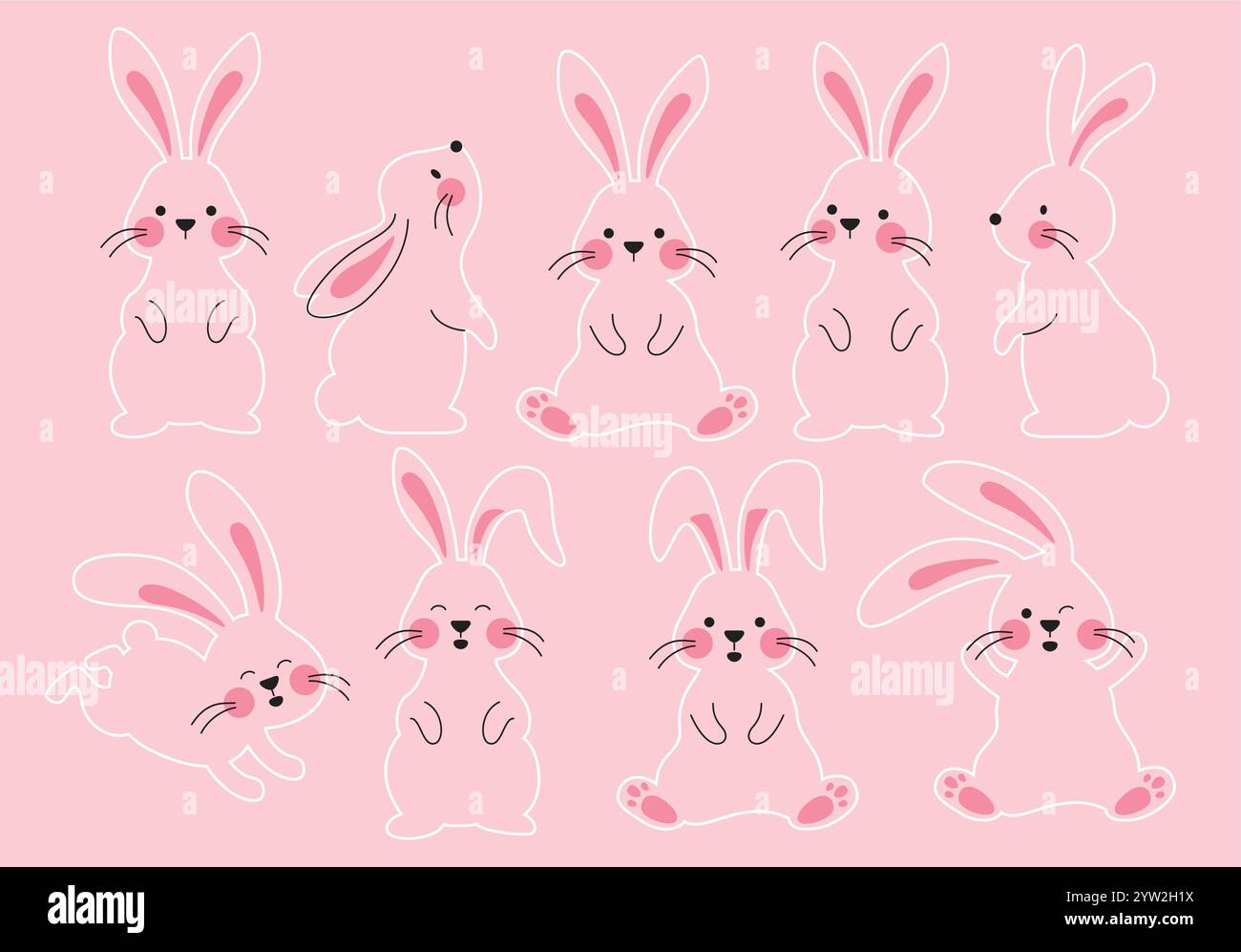 Bunny easter clipart drawing set. Rabbit pink outline flat clip art ...
