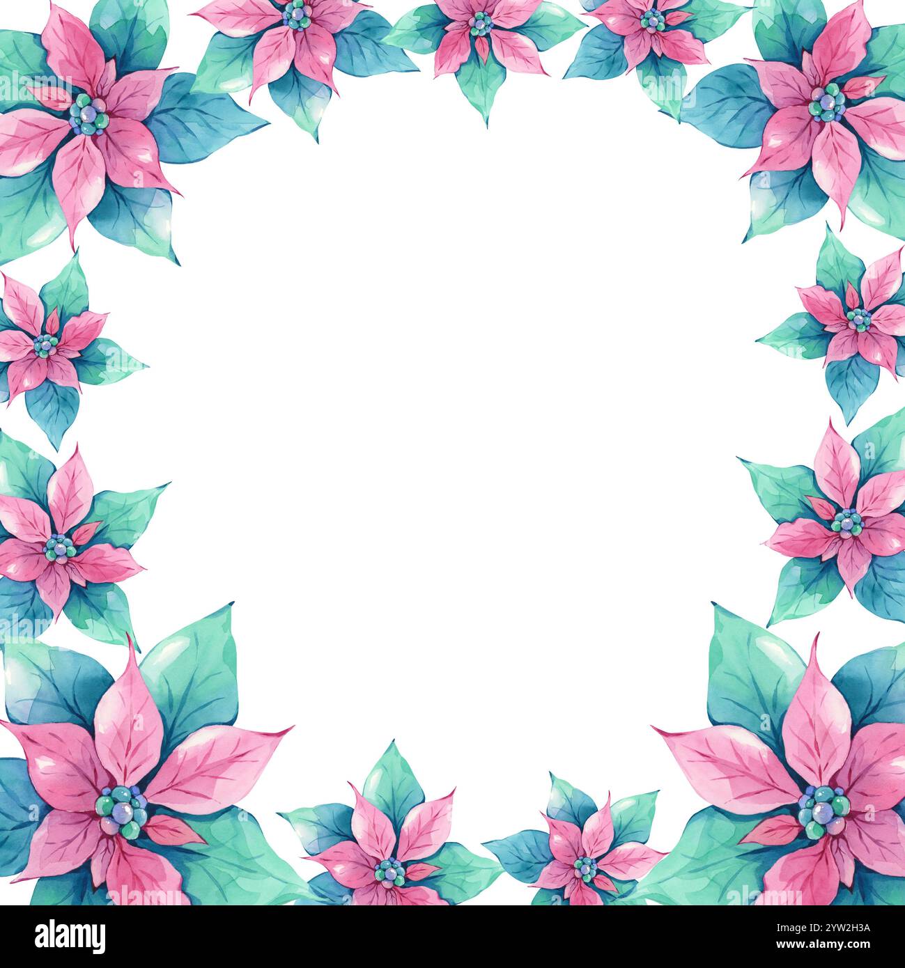 Frame of red and green flowers watercolor Stock Photo - Alamy