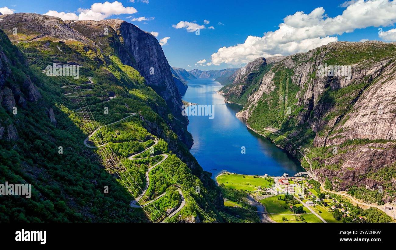 A breathtaking drone aerial view of a Norwegian fjord, showcasing ...