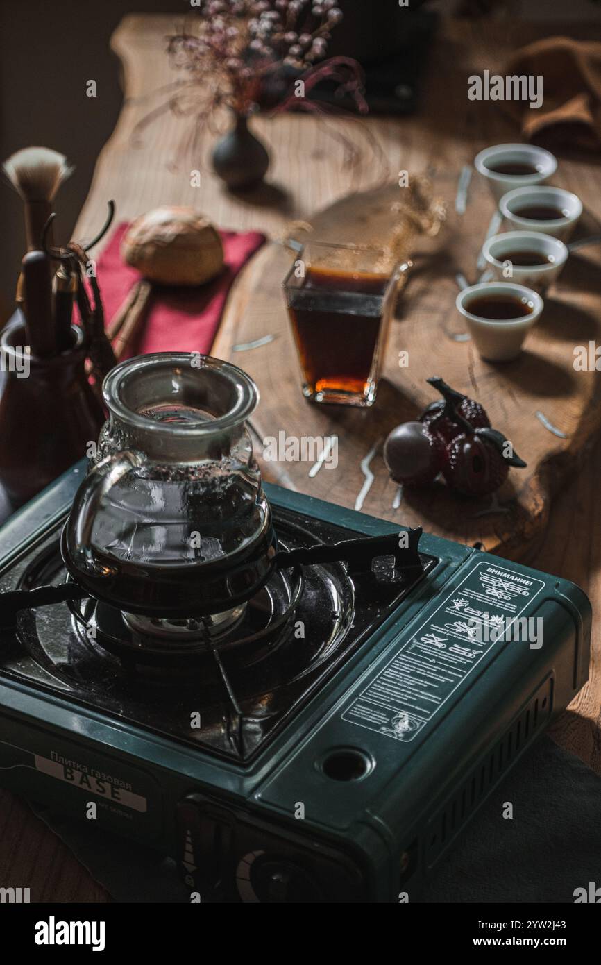 A cozy coffee brewing scene showcasing a vintage stove, delicate ...