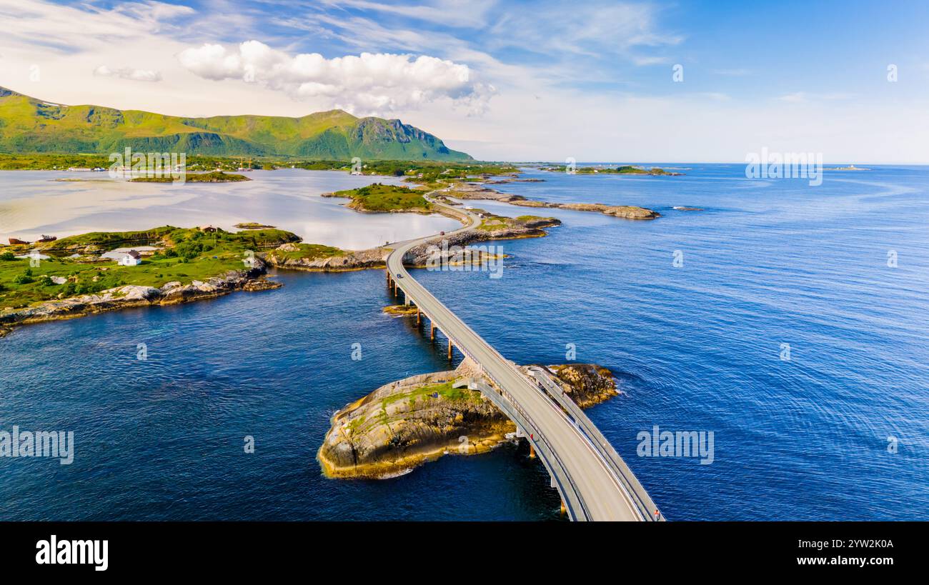 A scenic aerial view of the Atlantic Road bridge in Norway, showcases ...
