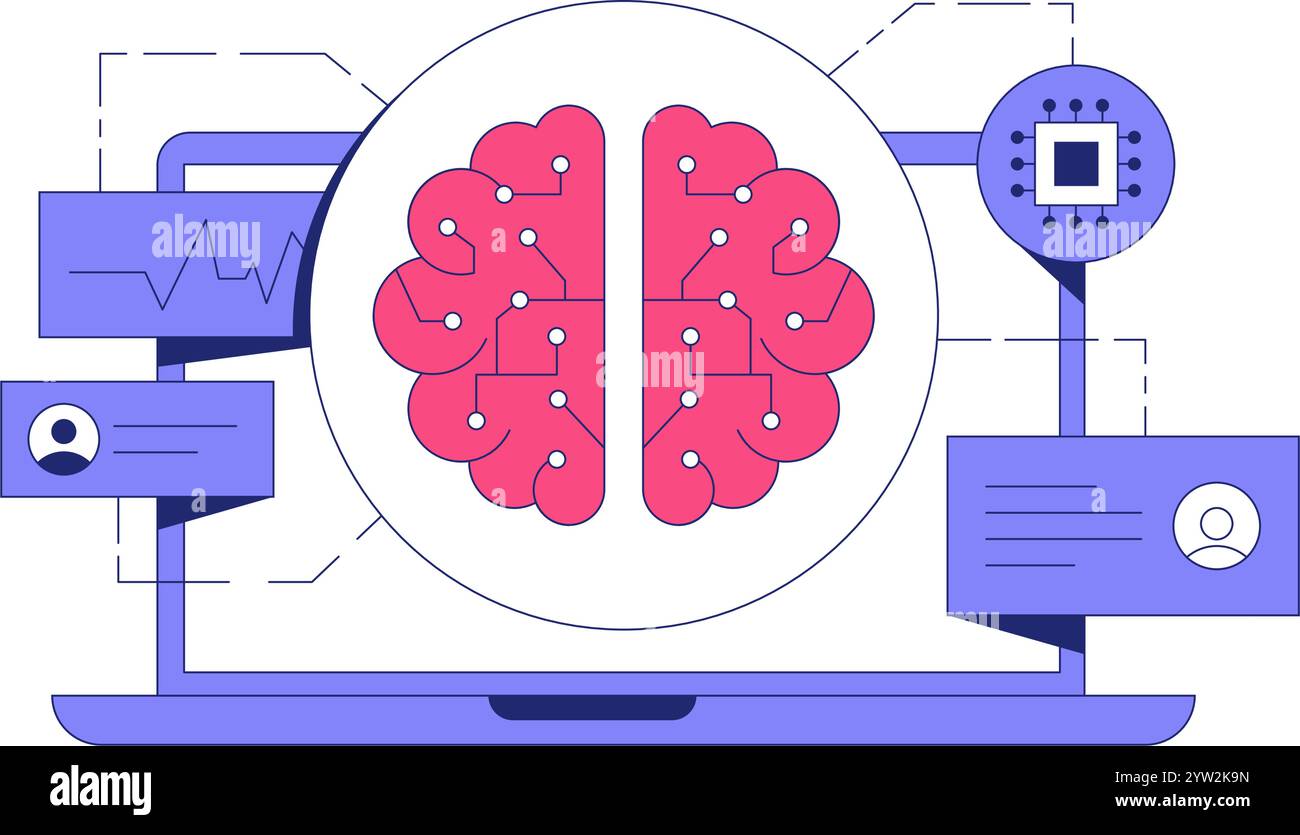 Digital Brain Displayed On Laptop Screen In Flat Vector Illustration Symbolizing Artificial ...